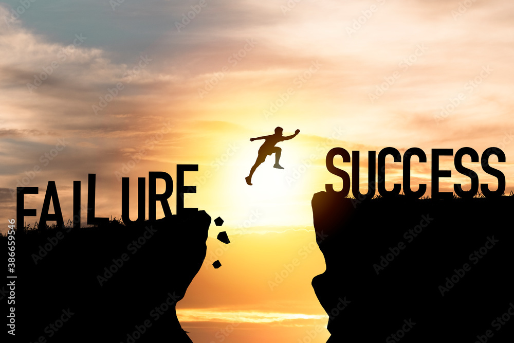 Mindset concept ,Silhouette man jumping from failure to success wording ...