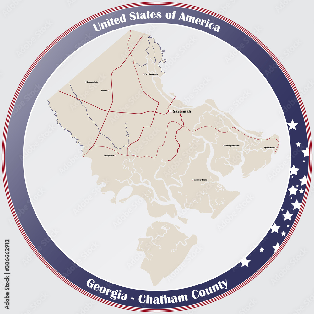 Large and detailed map of Chatham county in Georgia, USA. Stock Vector ...