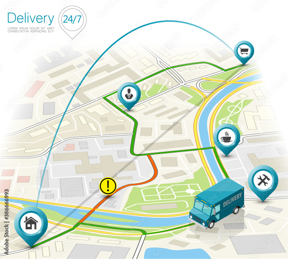 Delivery navigation route, City map point marker isometric delivery van ...