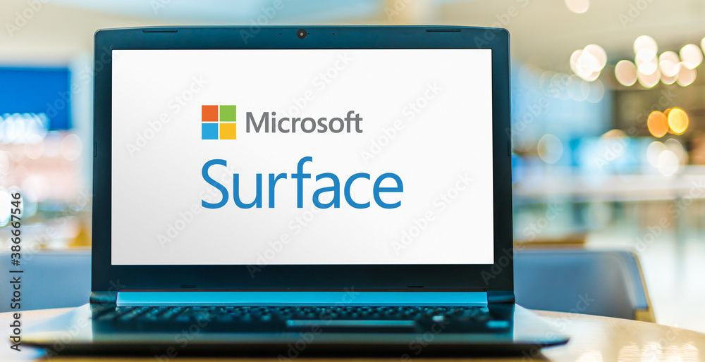 Laptop computer displaying logo of Microsoft Surface Stock Photo ...