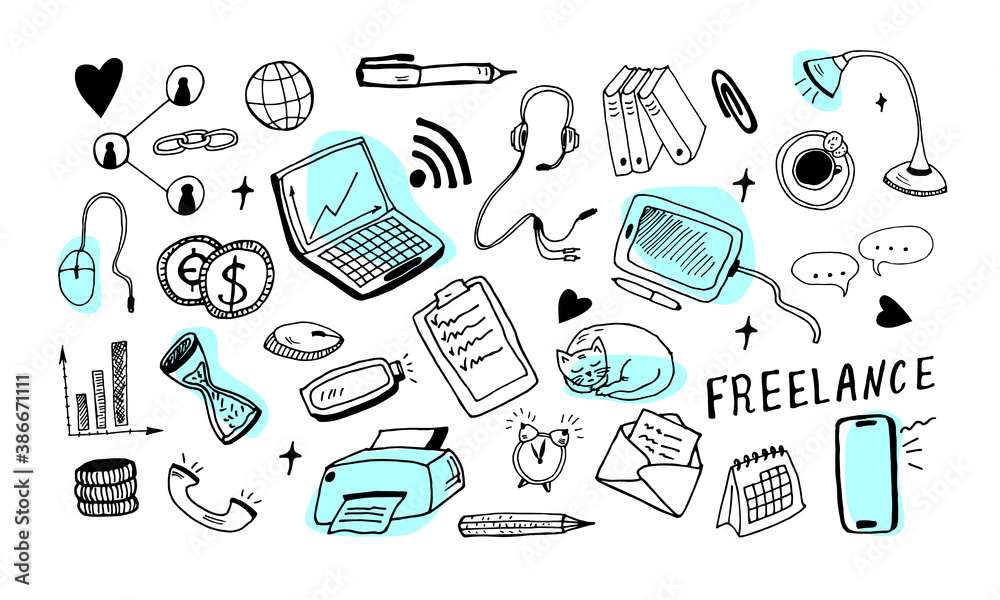 Set of doodls work at home. Work at home concept. Set of drawings black ...