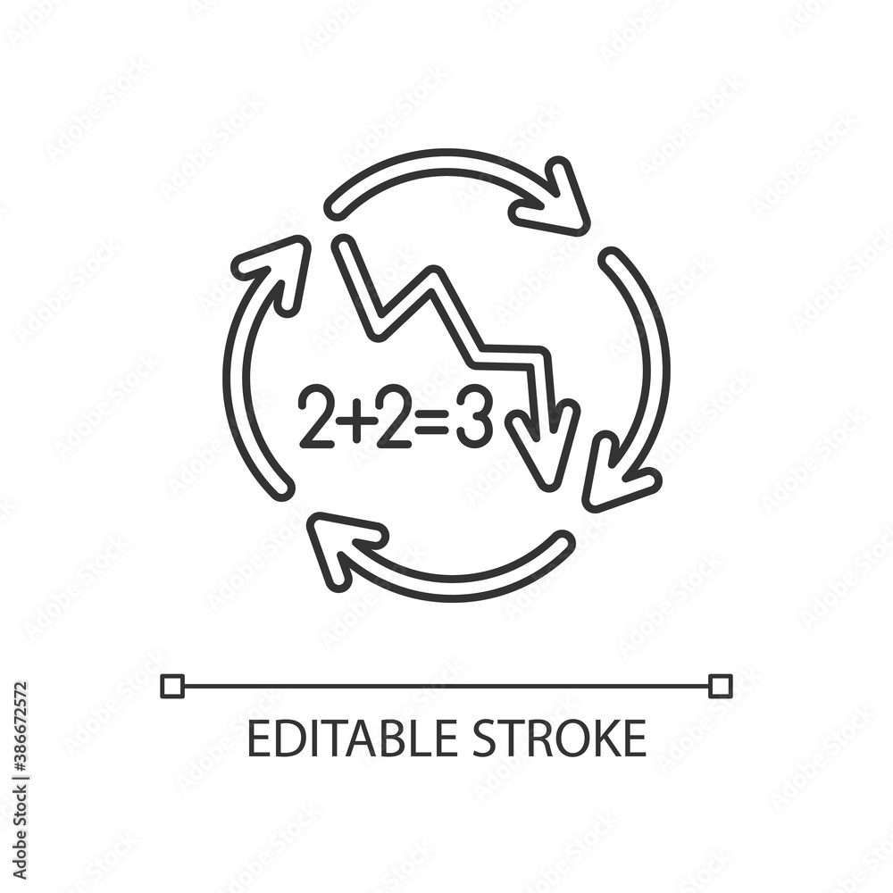 Negative synergy linear icon. Decline in financial figures. Decrease in ...
