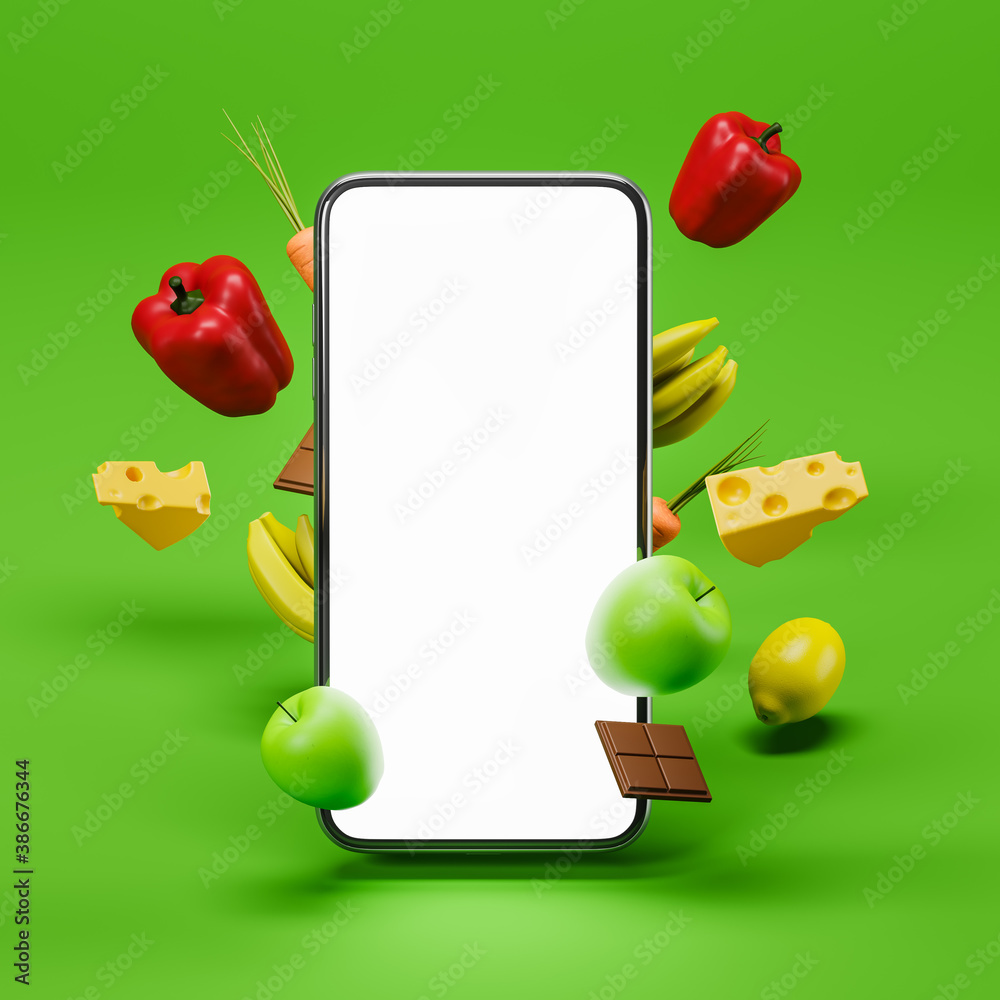 Smartphone blank screen on green background with vegetables, fruits ...
