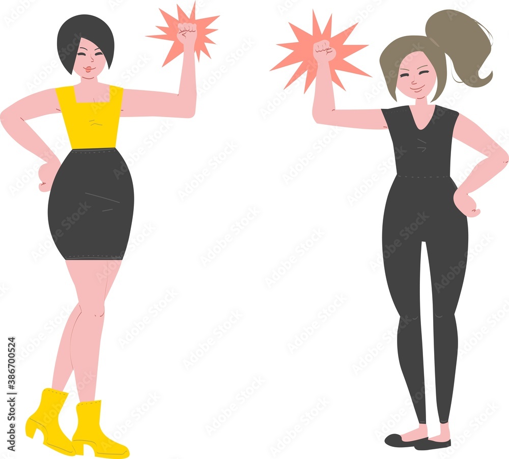 Women empowerment. Vector illustration of two strong women celebrating ...