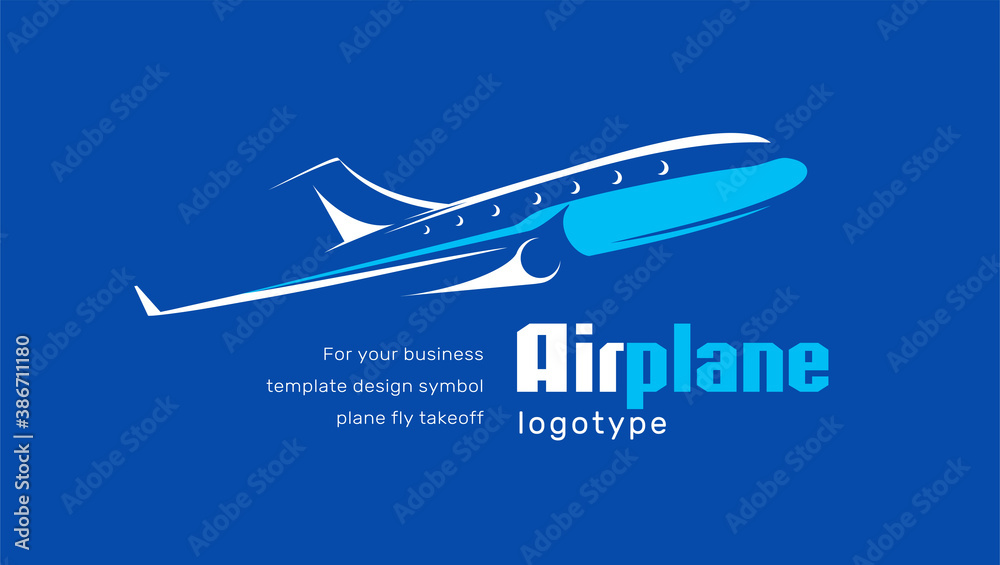 Airplane logo flight plane silhouette white color blue background Stock ...