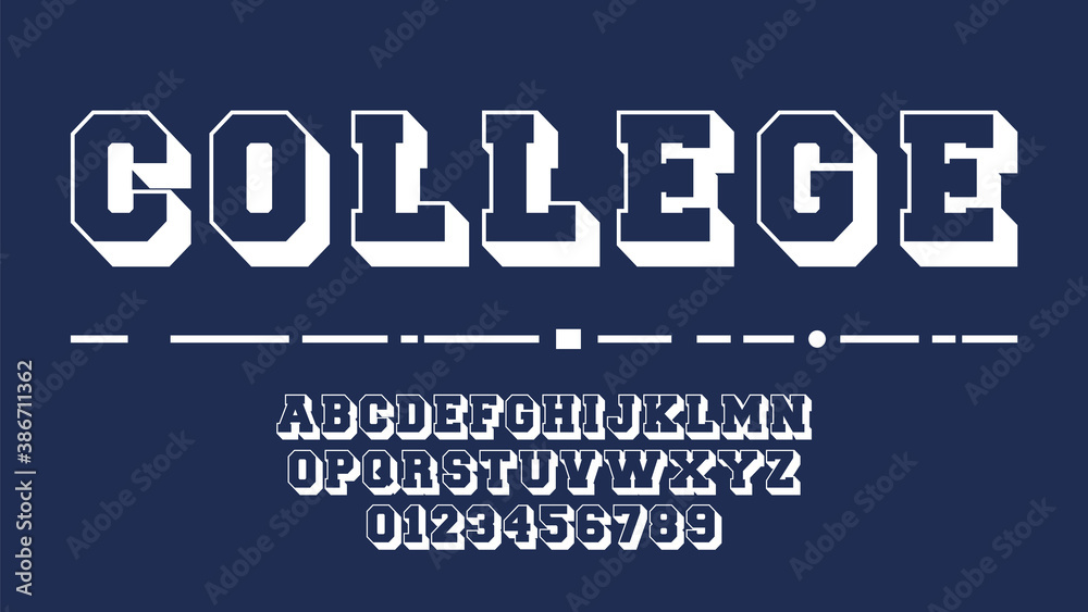 College alphabet template. Letters and numbers of varsity design ...