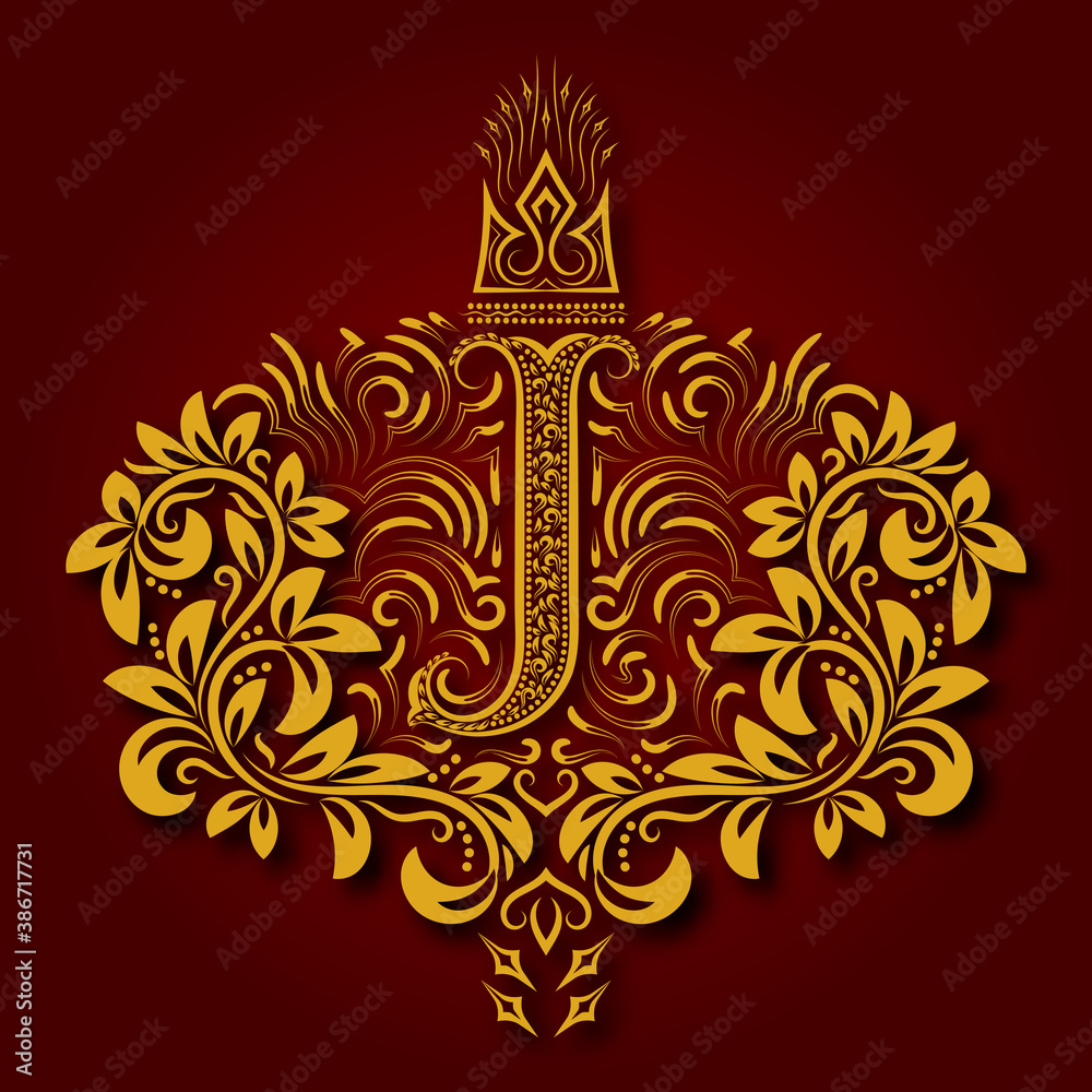 Letter J heraldic monogram in coats of arms form. Vintage golden logo ...