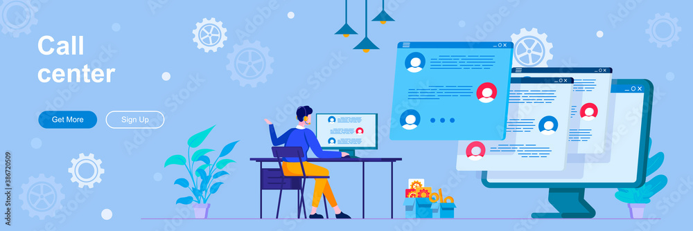Call center landing page with people characters. Online hotline and ...