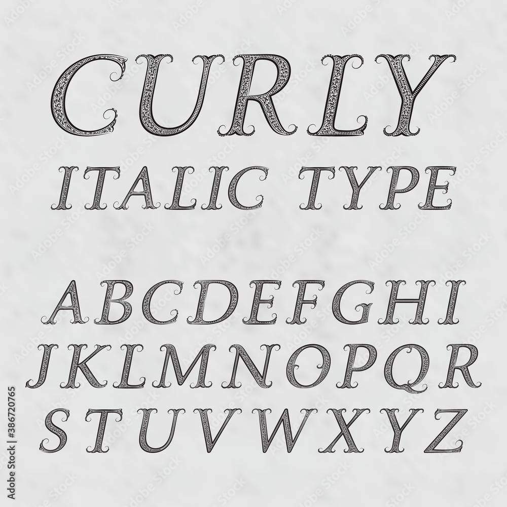Vintage patterned letters. Curly italic type font in floral baroque ...