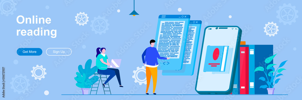 Online reading landing page with people characters. E-book reading ...