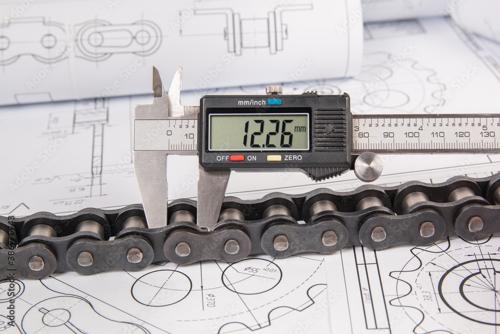 Measuring of driving roller chain by electronic vernier caliper Stock ...
