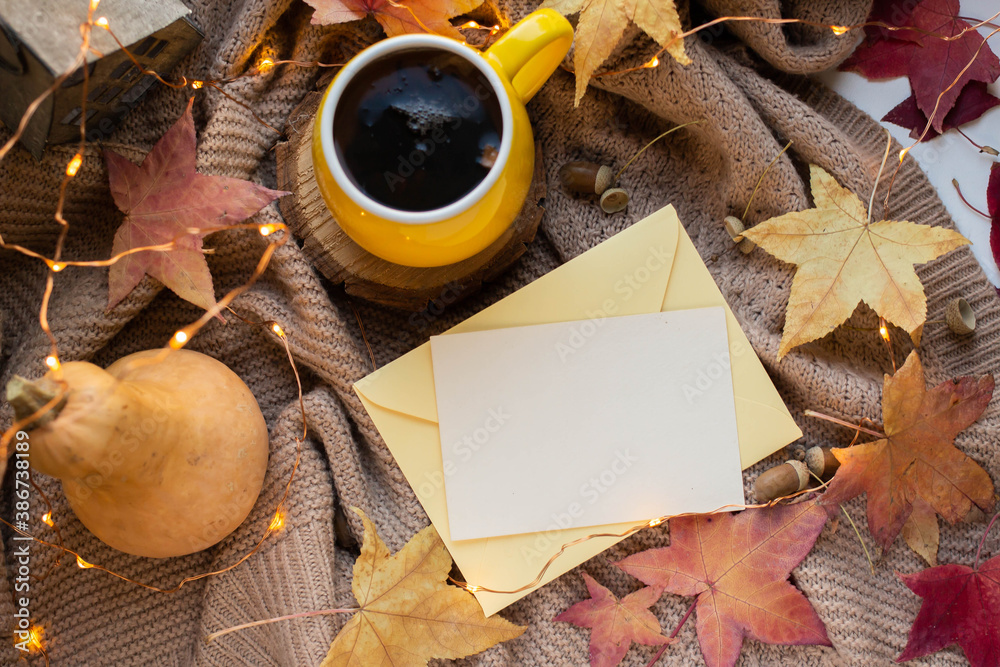 fall mockup card with autumn leaves invitation card with environment ...