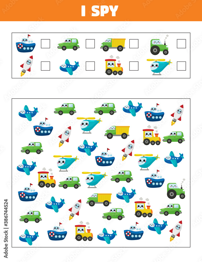 I spy educational game for preschool kids. Learn count. Transportation ...