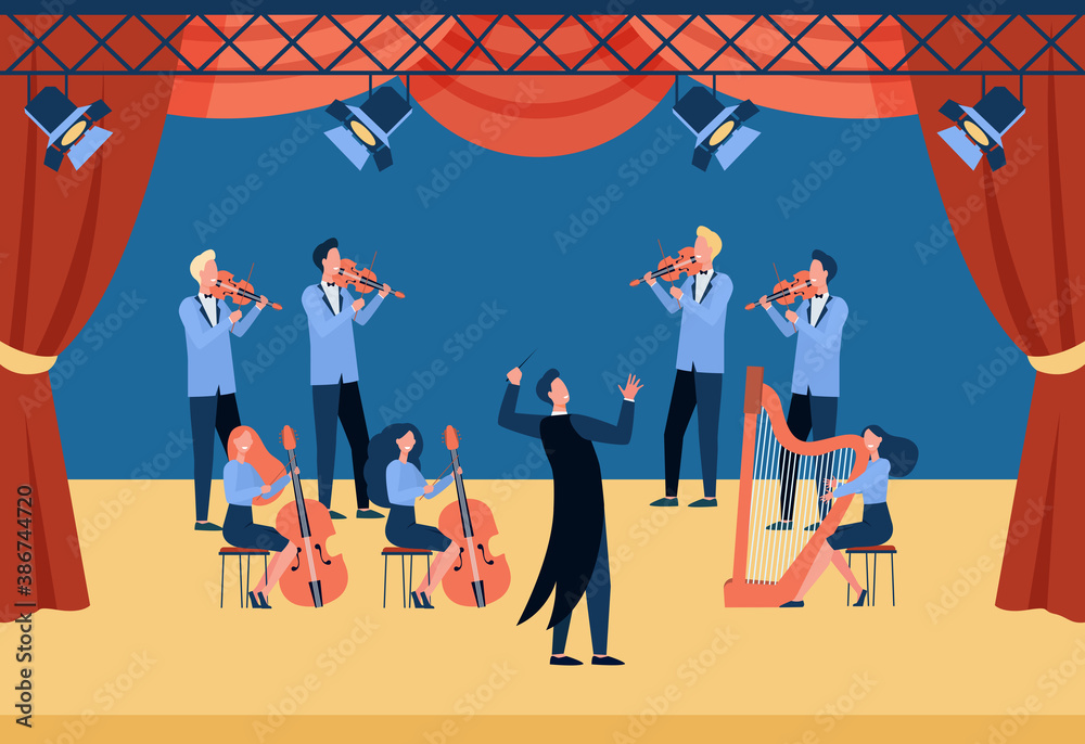 Conductor and musicians standing on theater stage flat vector ...