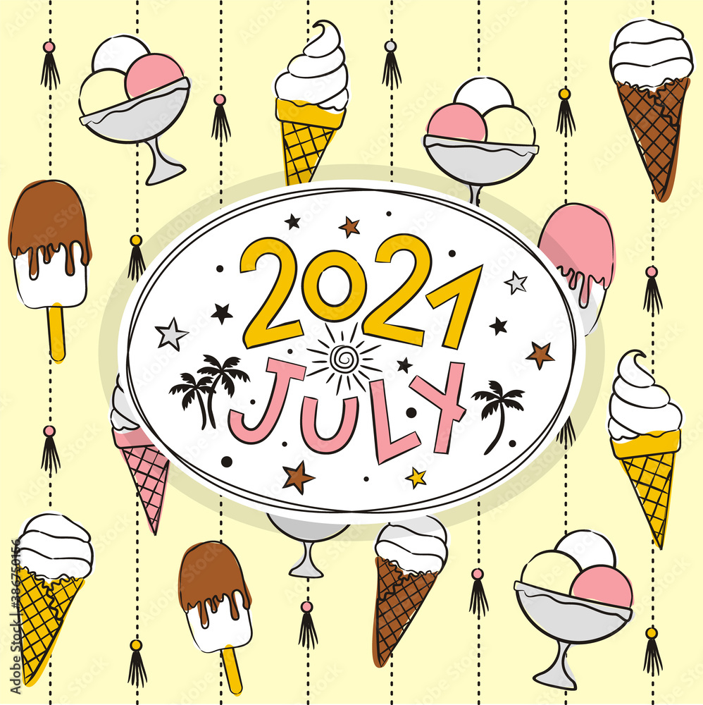 Thematic template for a calendar for 2021. The month of July. Design ...