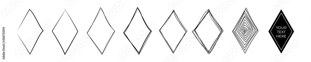 Set of hand drawn pen and pencil black rhombus. Rhomb frame sketch on ...