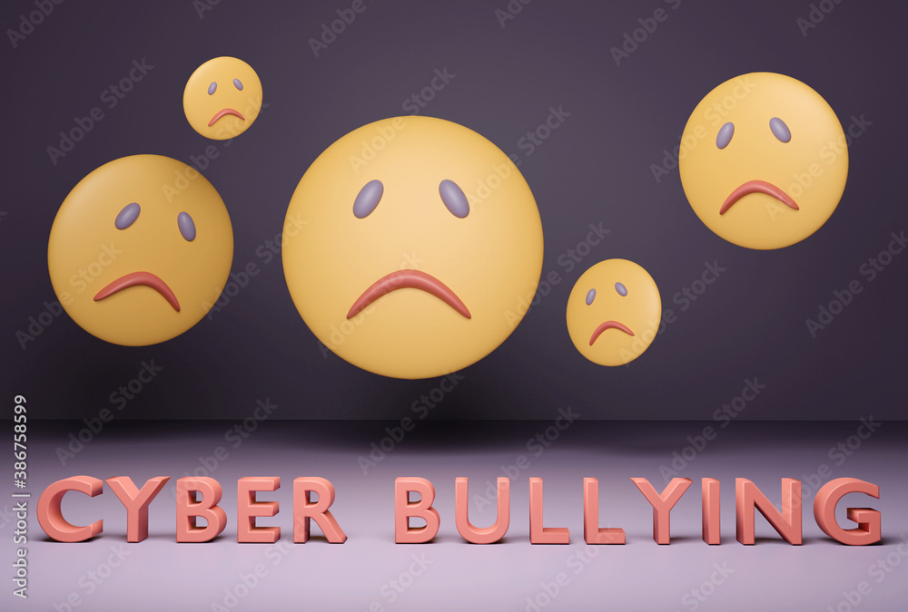 Cyber bullying concept, sad emoji in dark room. 3d render Stock ...