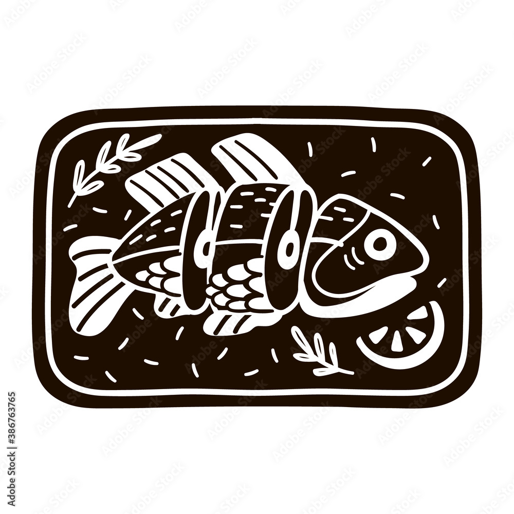 Hand drawn cooked fish with lemon vector illustration. Sea food. Vector ...