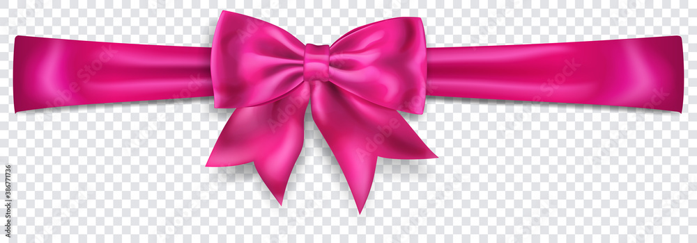 Beautiful pink bow with horizontal ribbon with shadow on transparent ...
