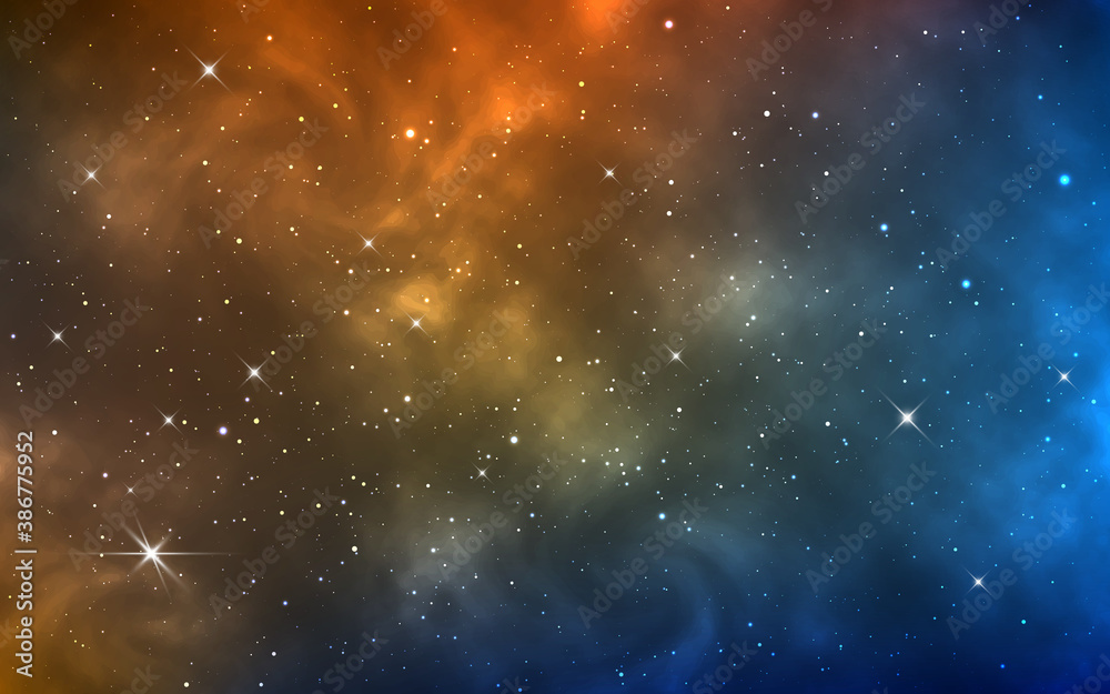 Space background with bright nebula. Realistic yellow and blue universe ...