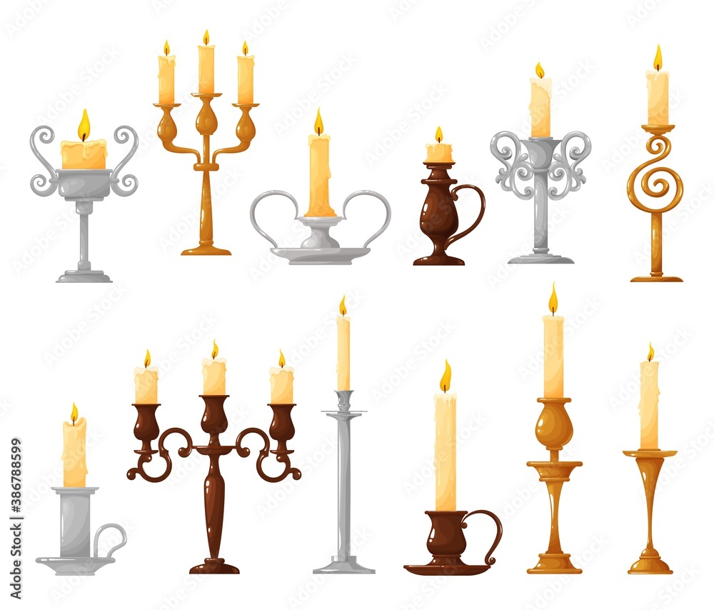 Candlestick with burning candle cartoon vector icons. Candle holder and ...