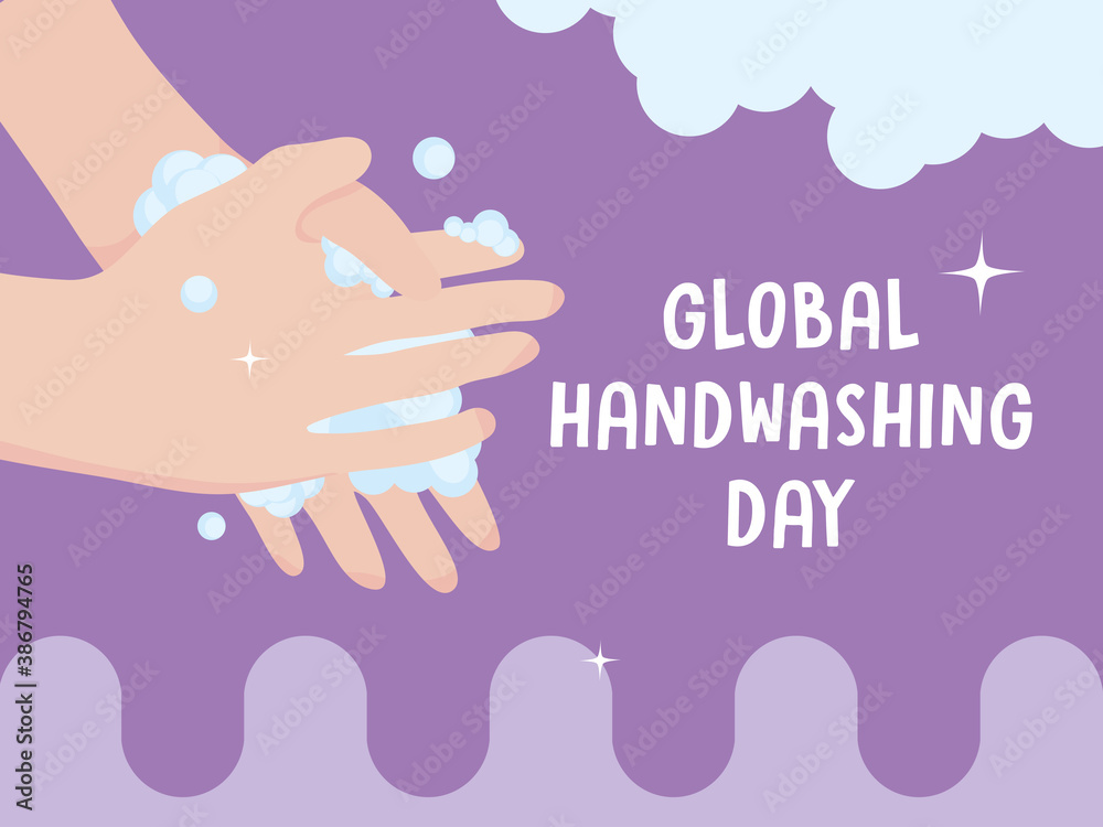 global handwashing day, washing hands with foam purple background Stock ...