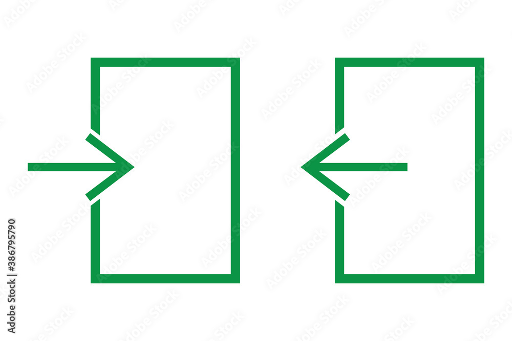 Vector green door icon with arrow. Entry and exit symbol. Linear ...