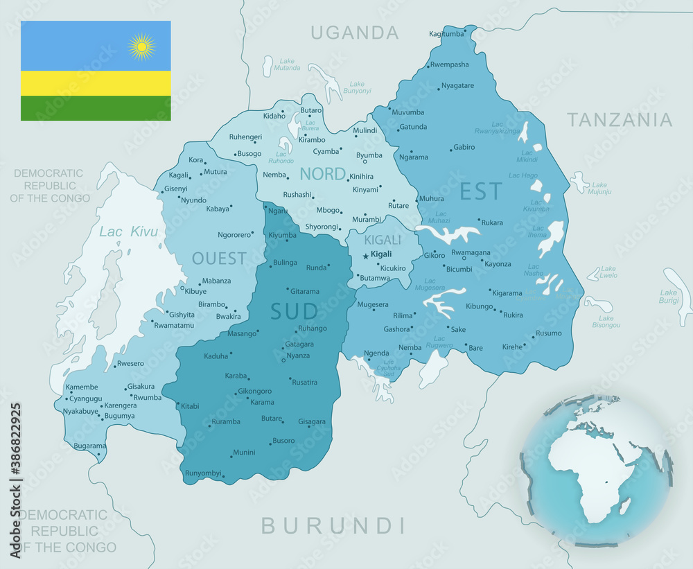 Blue-green detailed map of Rwanda administrative divisions with country ...
