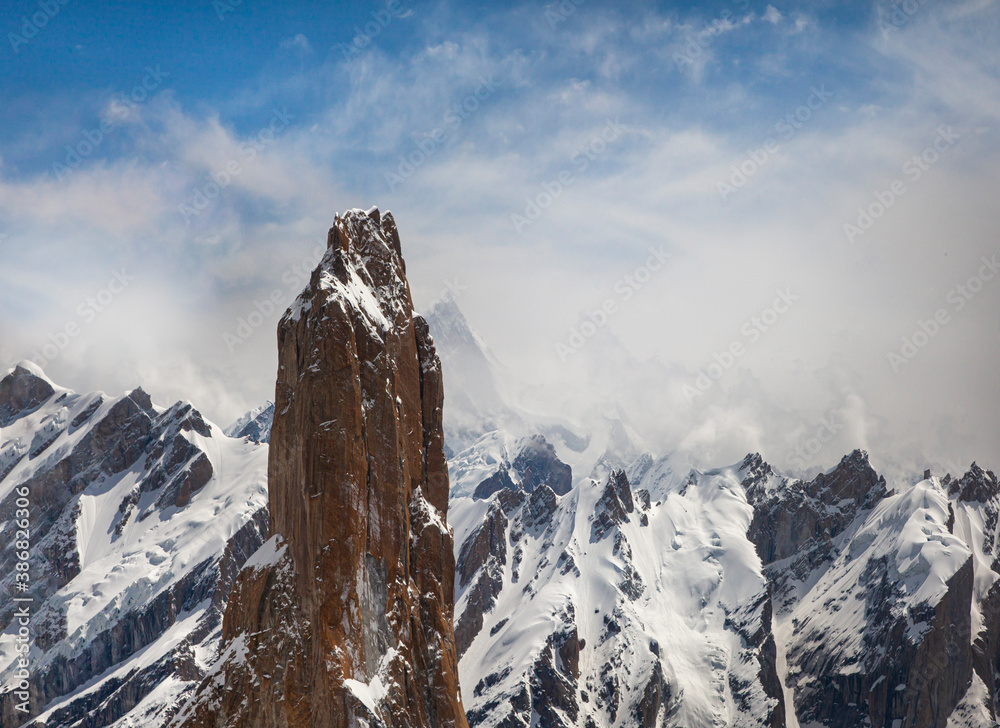 aerial view of nameless tower in Karakorum range, trango tower with ...