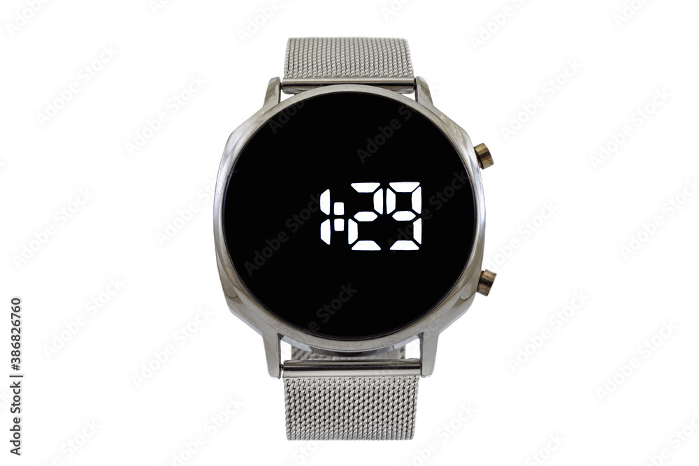 Silver smartwatch with mesh style strap, black dial face and digital ...