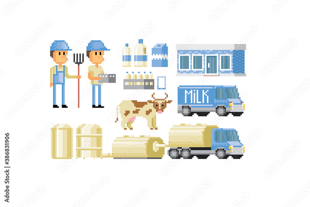 Milk production icons set. Pixel art. Old school computer graphic. 8 ...