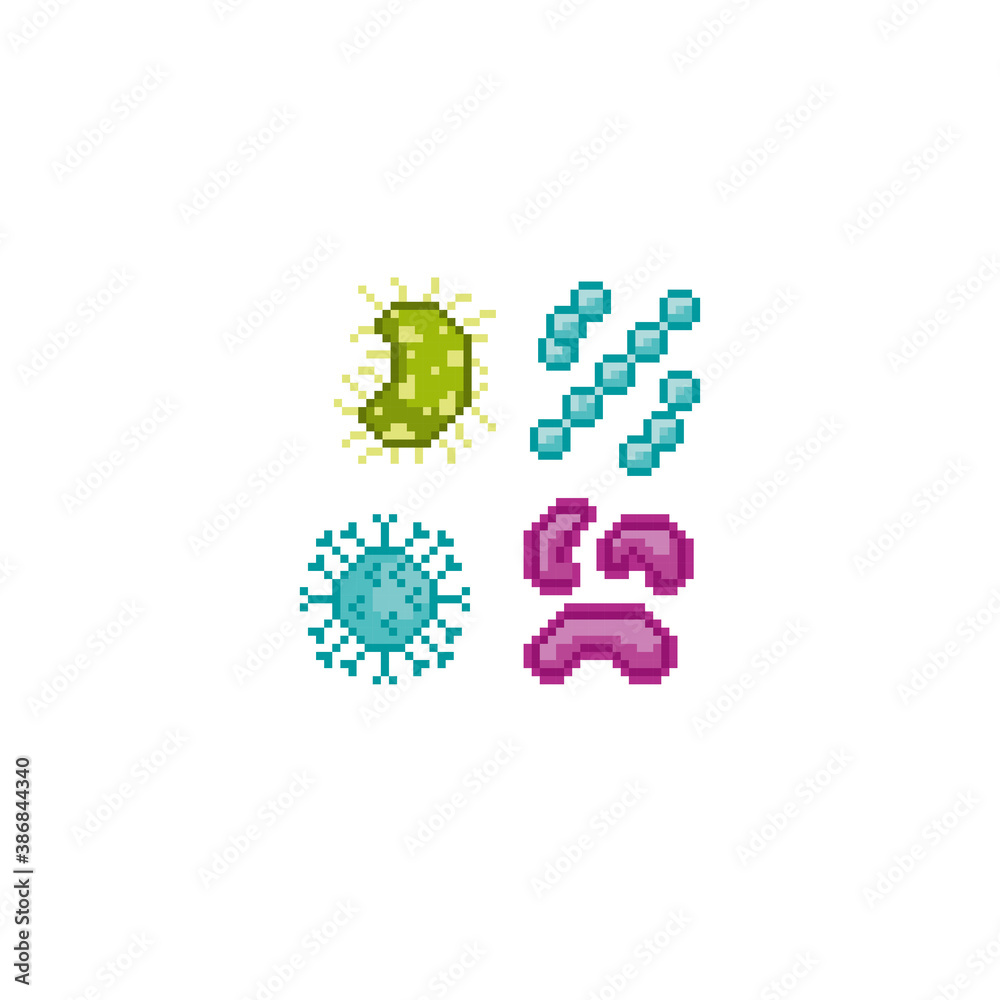 Bacteria and microbe pixel art icons set. Viral molecules. Micro ...