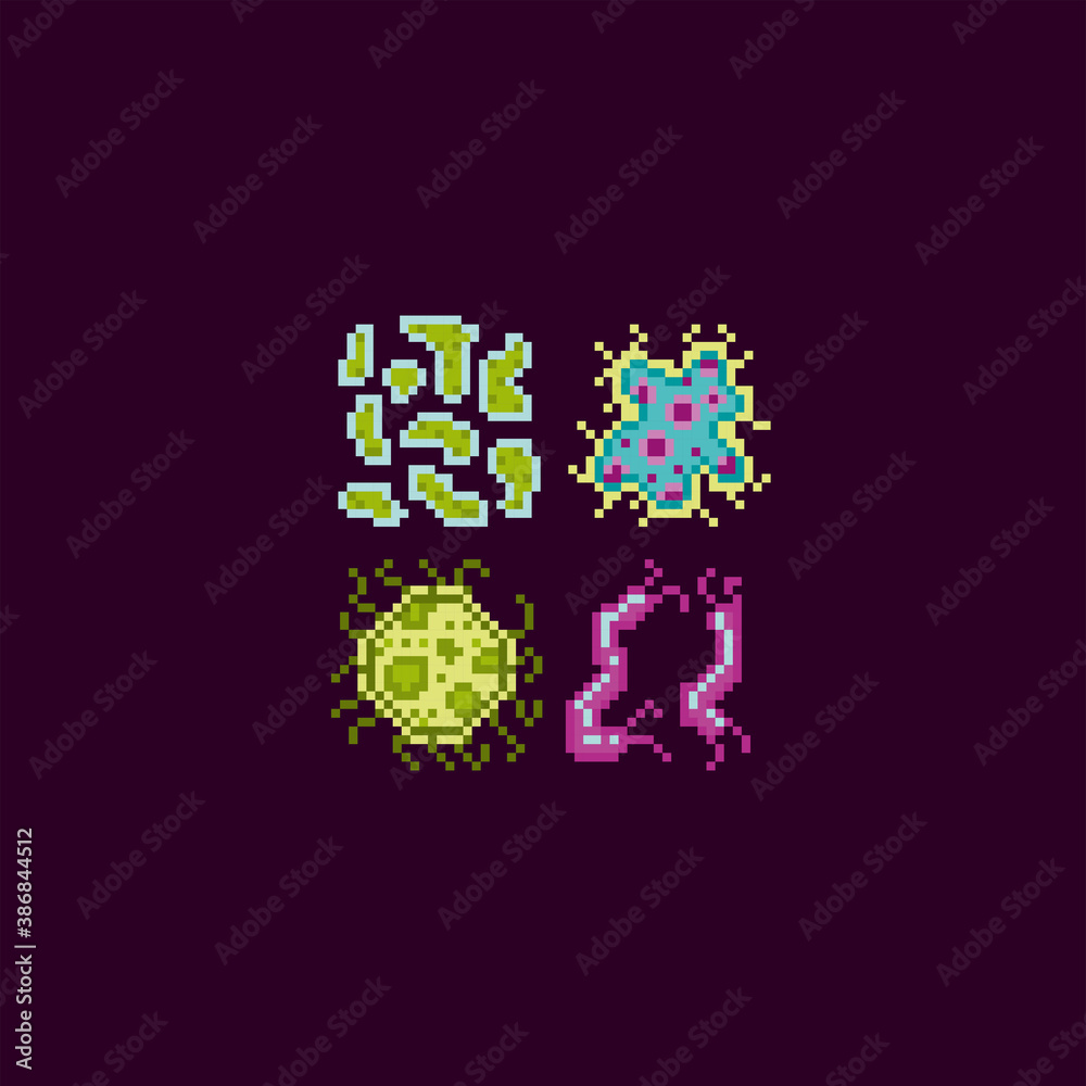 Bacteria and microbe pixel art icons set. Viral molecules. Micro ...