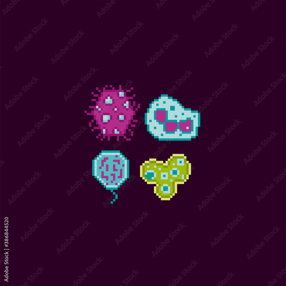 Bacteria and microbe pixel art icons set. Viral molecules. Micro ...