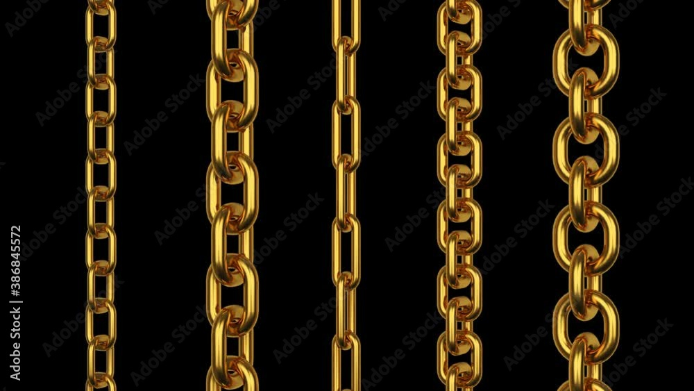 3D animation of rotation of various gold chains isolated on a black ...