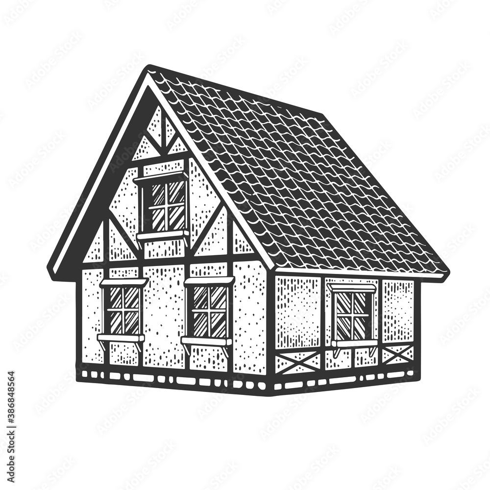 Timber framing house sketch raster illustration Stock Illustration ...