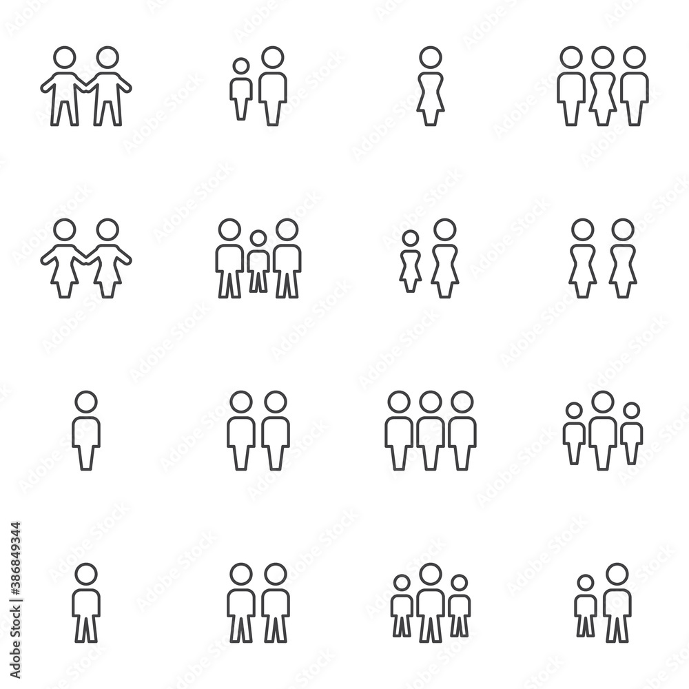 Crowd of people line icons set, people group outline vector symbol ...