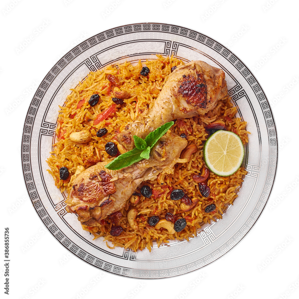 Chicken Kabsa or Chicken biryani isolated on white background. Kabsa is ...