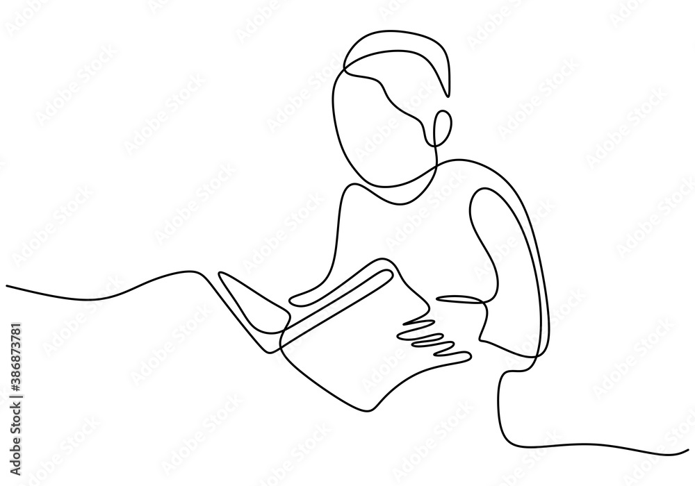Continuous line drawing of little boy read the book. Sitting cute a kid ...
