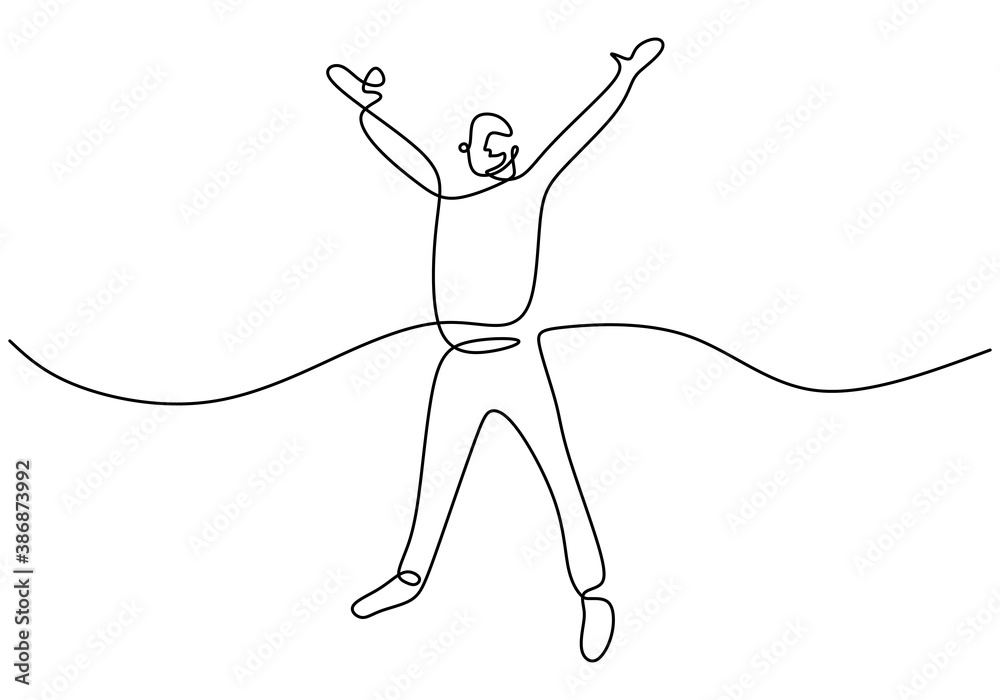 Continuous line drawing of jumping happy man. Young attractive male ...