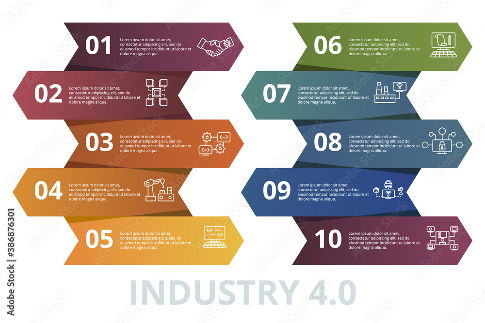 Infographic Industry 4.0 template. Icons in different colors. Include ...