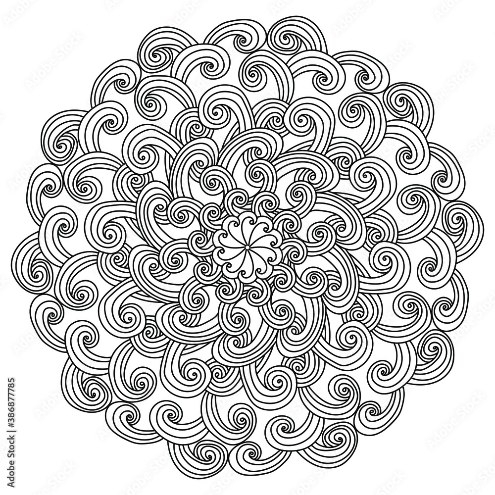 Symmetrical contour doodle mandala of wavy curls, round zen antistress ...