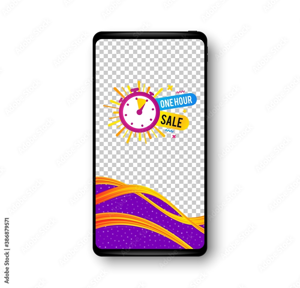 One hour sale banner. Phone mockup vector banner. Discount sticker ...