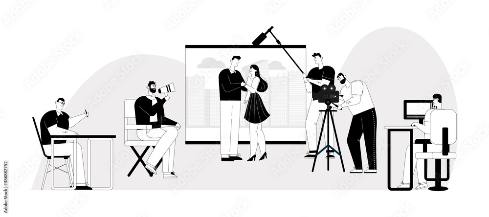 Vector character linear illustration of Movie making scene Stock Vector ...