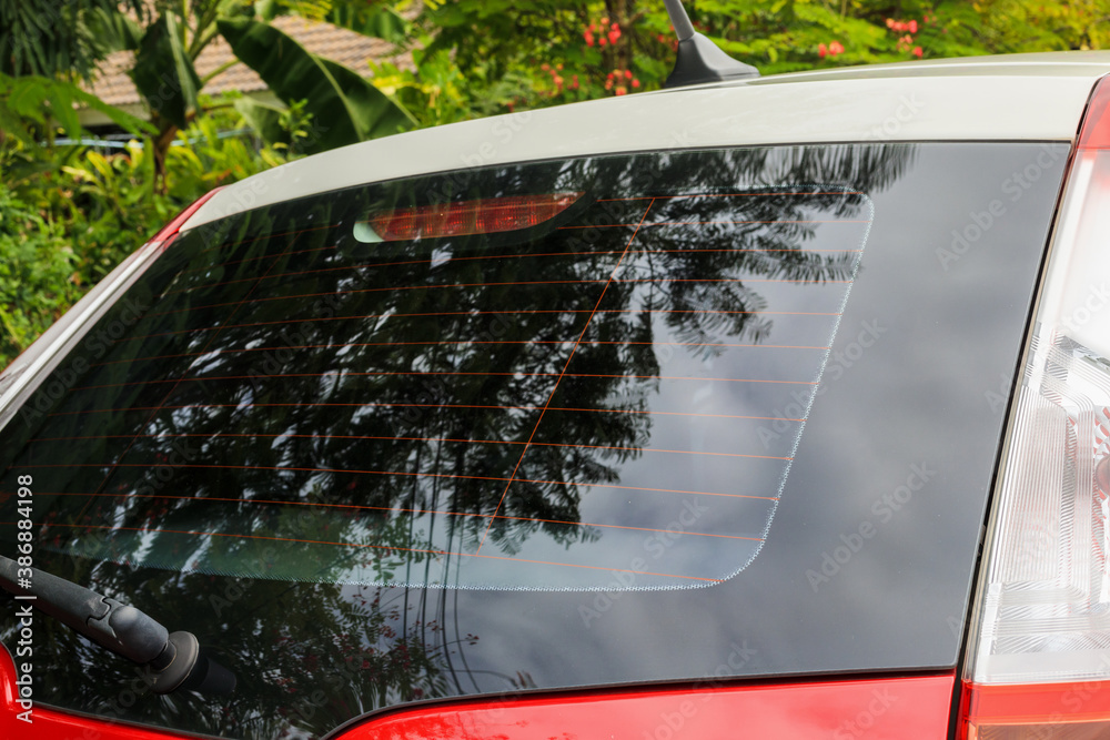 Back view of red car window for sticker mockup Stock Photo | Adobe Stock