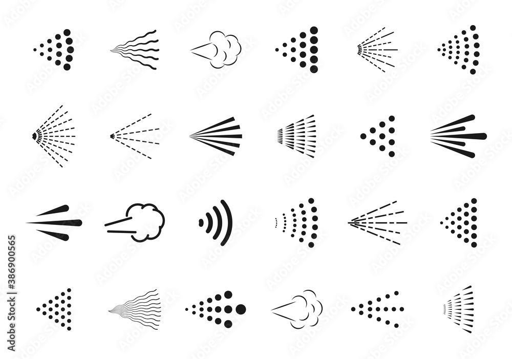 Spray icons set. Aerosol mist from water, paint, deodorant, hair spray ...