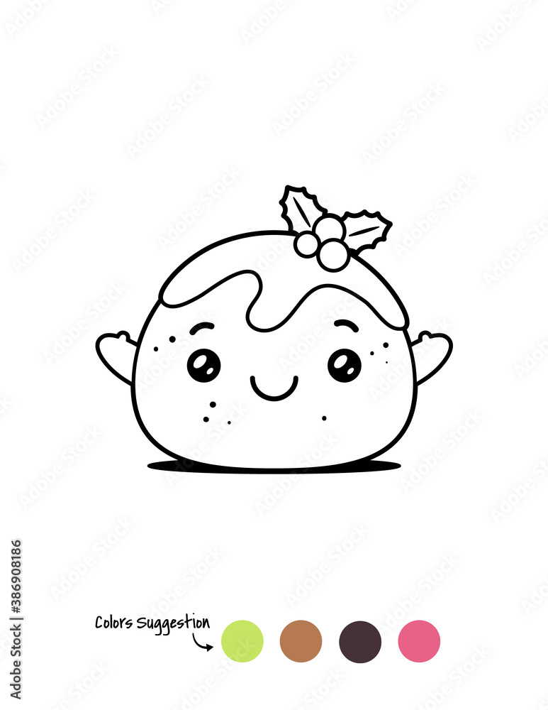Christmas Pudding Outline Coloring Book Page template vector cartoon ...