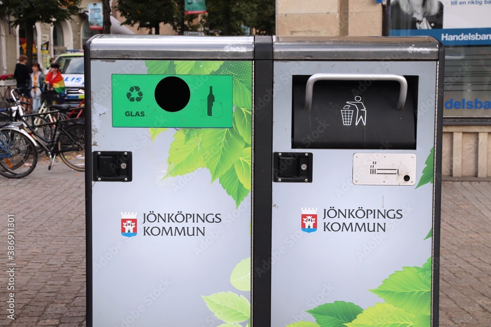 JONKOPING, SWEDEN - AUGUST 25, 2018: BigBelly trash compacting public ...