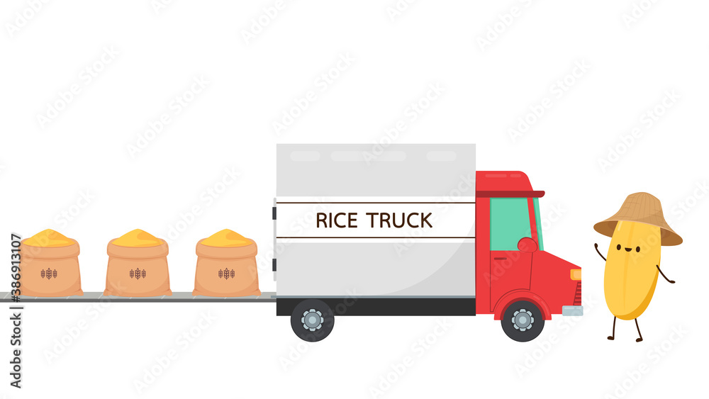 Rice truck cartoon. Rice character design. Rice basket and Rice sack ...