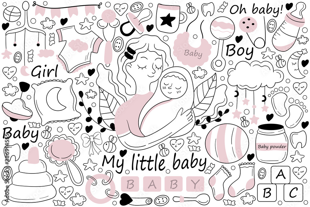 My little baby doodle set. Collection of hand drawn sketches templates ...